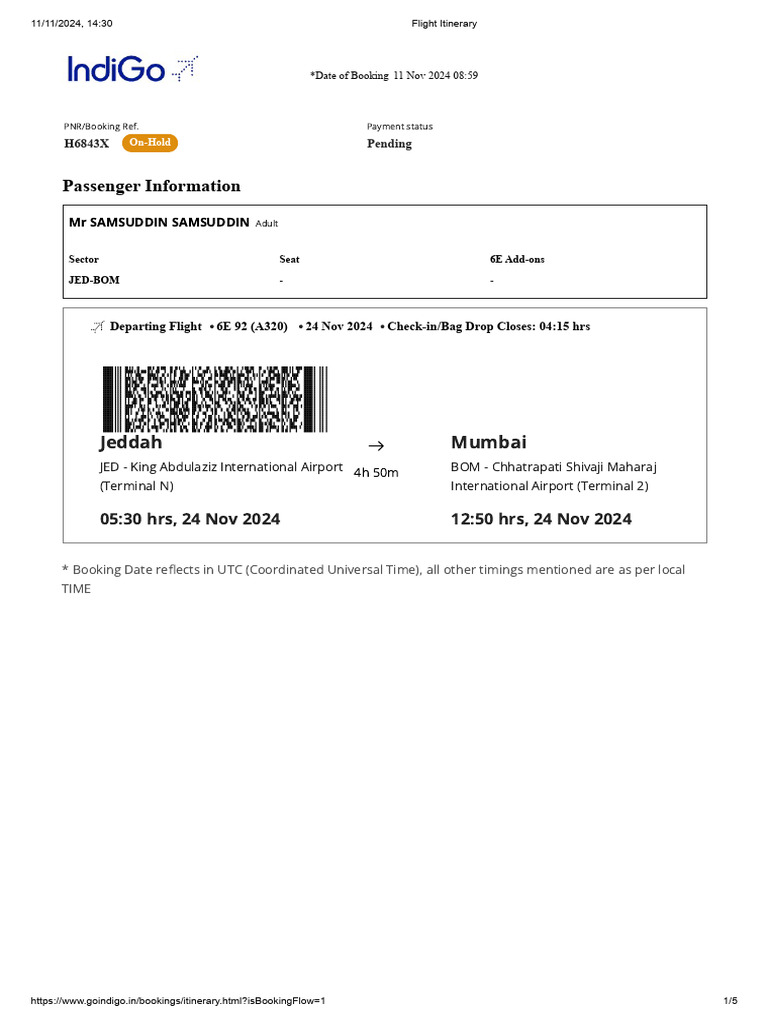 JED to BOM Flight Itinerary Nov 2024 | PDF