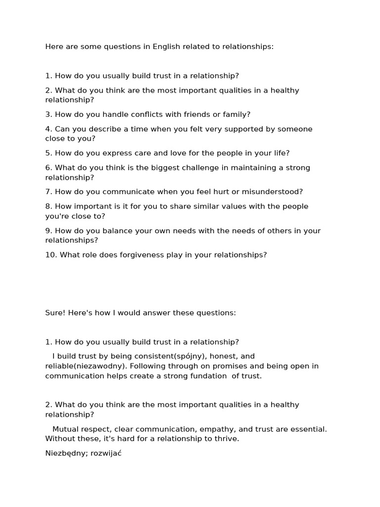 Here Are Some Questions in English Related To Relationships | PDF