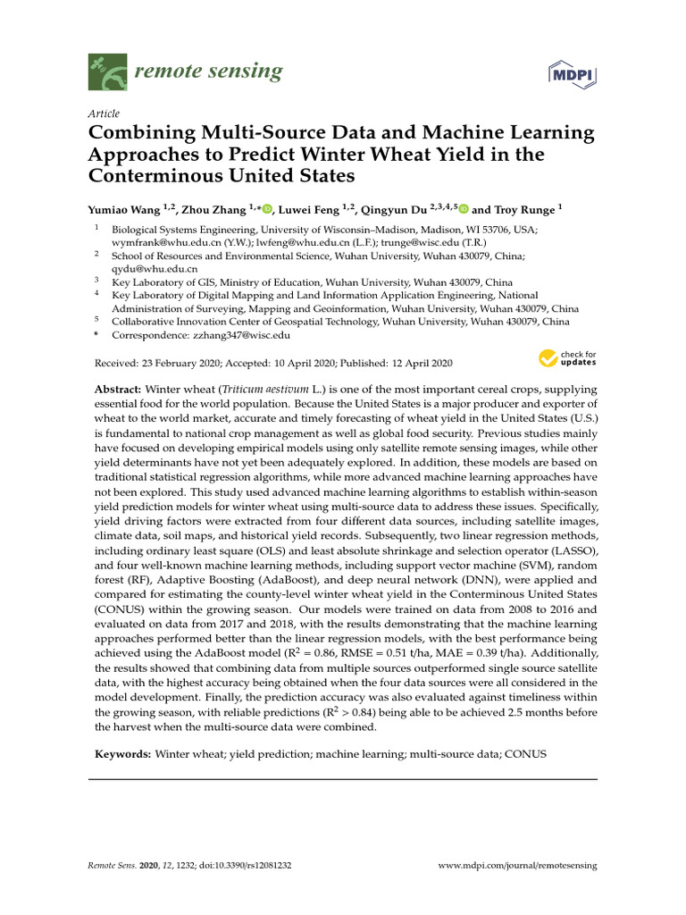 SCI论文-Combining Multi-Source Data and Machine Learning Approaches to Predict Winter Wheat Yield ...