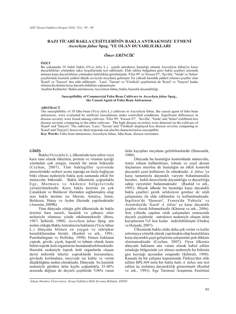 BAZI T - CAR - BAKLA - E - TLER - N - N BAKLA ANTRAKNOZU ETMEN - Ascochyta Fabae Speg.'YE OLAN ...