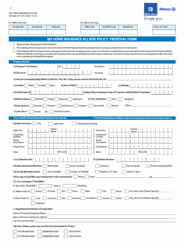 Home Insurance Proposal Form | PDF | Insurance