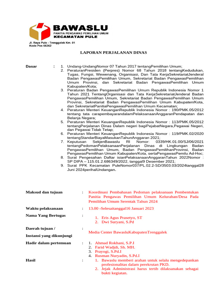 Contoh Laporan Perjalan Dinas PKD | PDF | Pengelolaan Keuangan & Uang