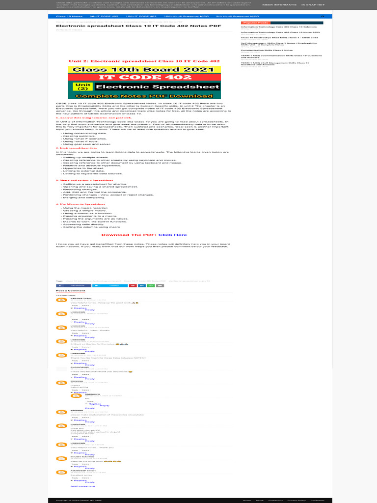 Electronic Spreadsheet Class 10 It Code 402 Notes Pdf Pdf Spreadsheet Macro Computer Science