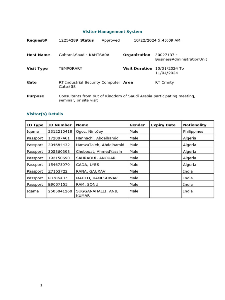 Approved Visitor Management Details | PDF