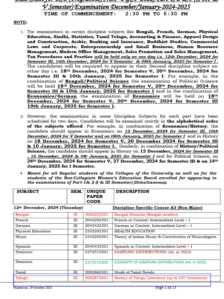Du Nep Ba Programme I, III, V Semester Date Sheet | PDF | Science | Sanskrit