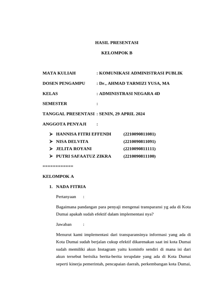 Hasil Presentasi Kelompok B | PDF