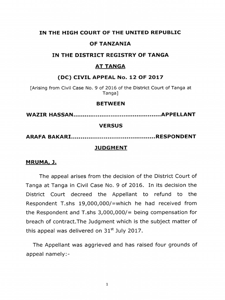 Waziri Hassan Vs Arafa Bakari (DC Civil Appeal 12 of 2017) 2020 TZHC ...