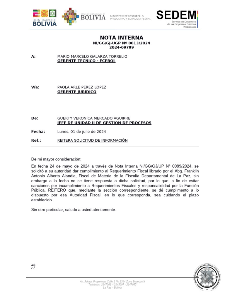 Nota Interna: NI/GG/GJ-UGP #0013/2024 2024-09799 A: Gerente Tecnico ...