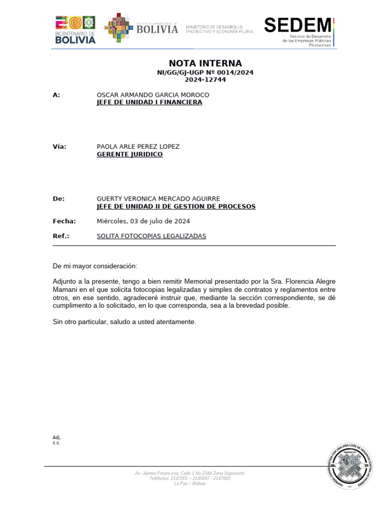 Nota Interna: NI/GG/GJ-UGP #0014/2024 2024-12744 A: Jefe de Unidad I ...