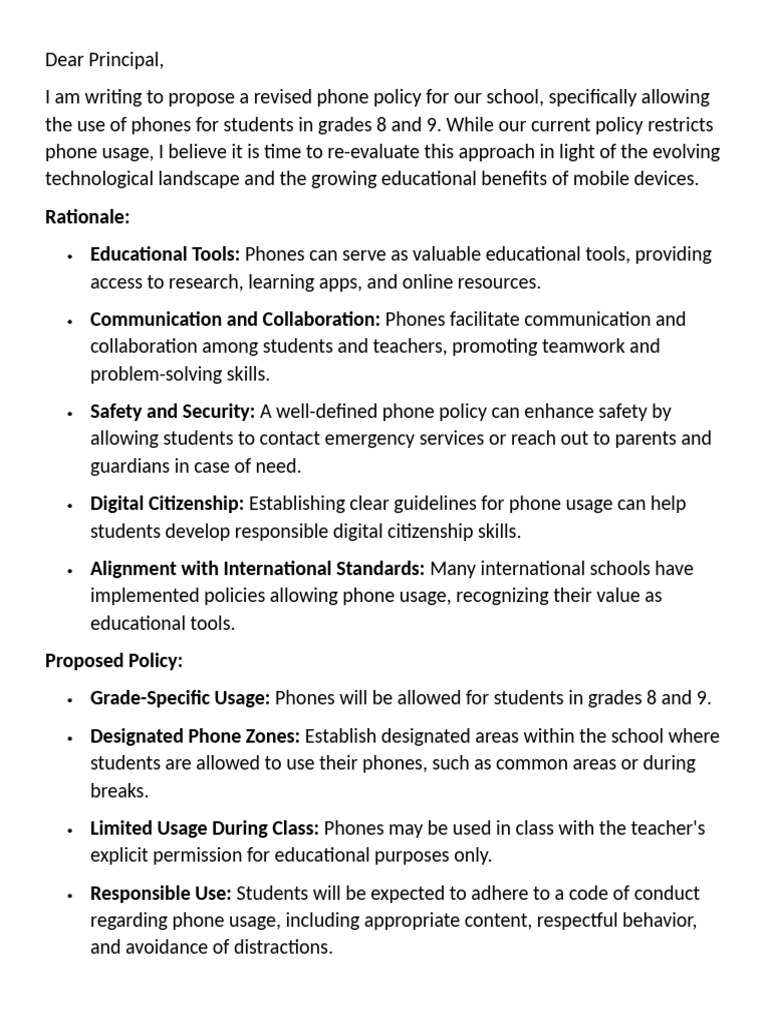Proposal For Allowing Mobile Phones | PDF | Policy | Communication