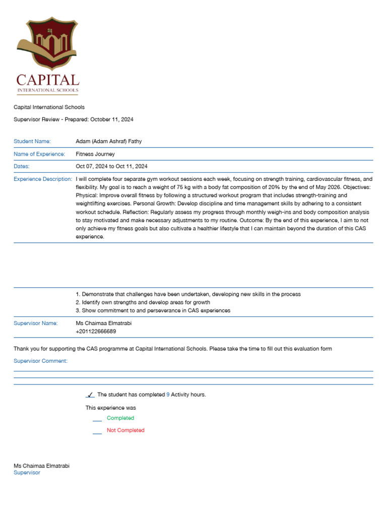 CAS Completion Form Fitness Journey | PDF