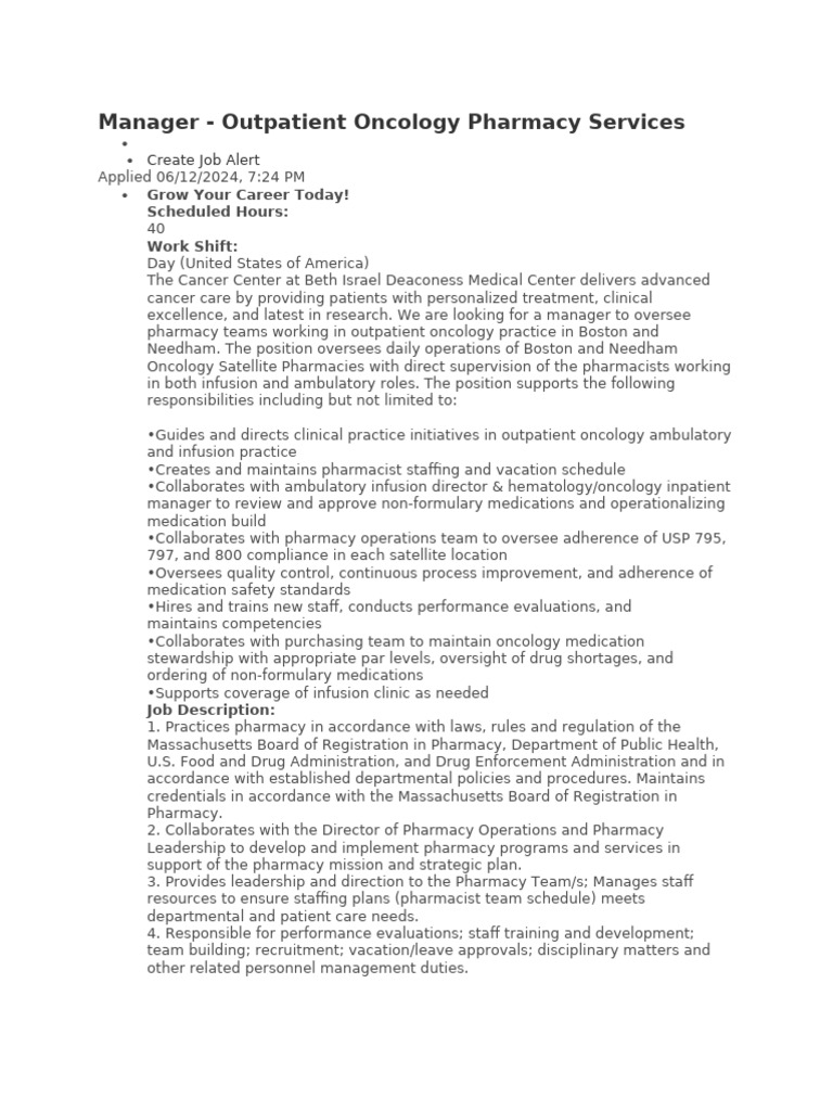 Manager - Outpatient Oncology Pharmacy Services Job Description | PDF ...