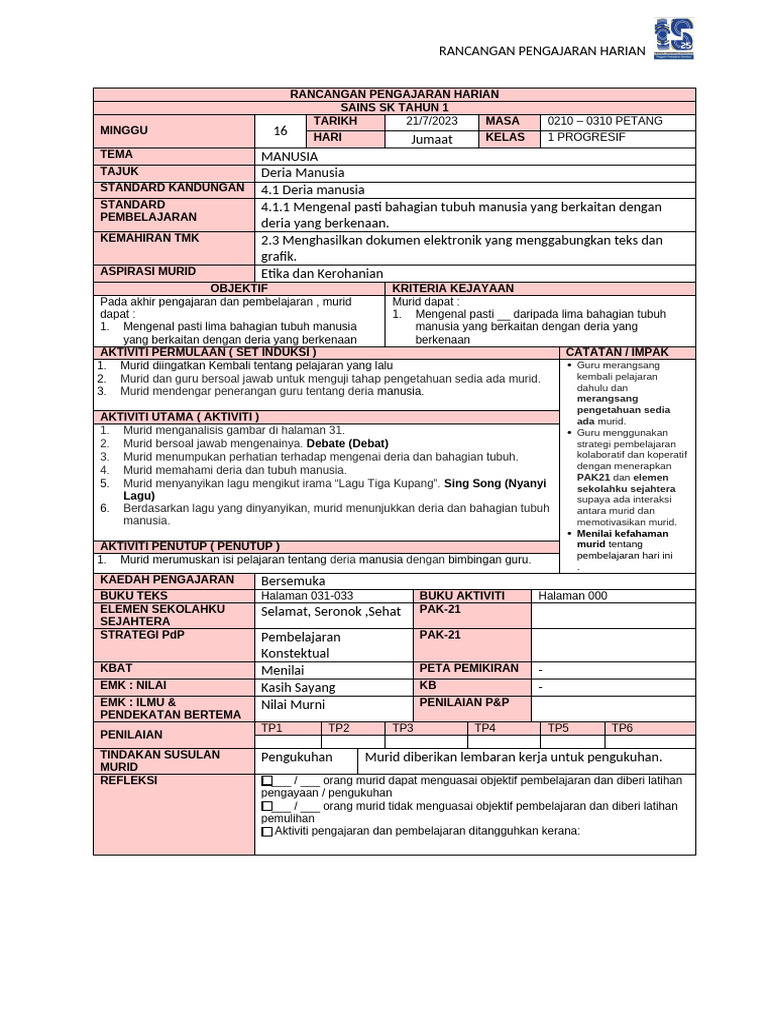 RPH Minggu 15 Sains THN 1 2023 by Cikgu Gorgeous | PDF