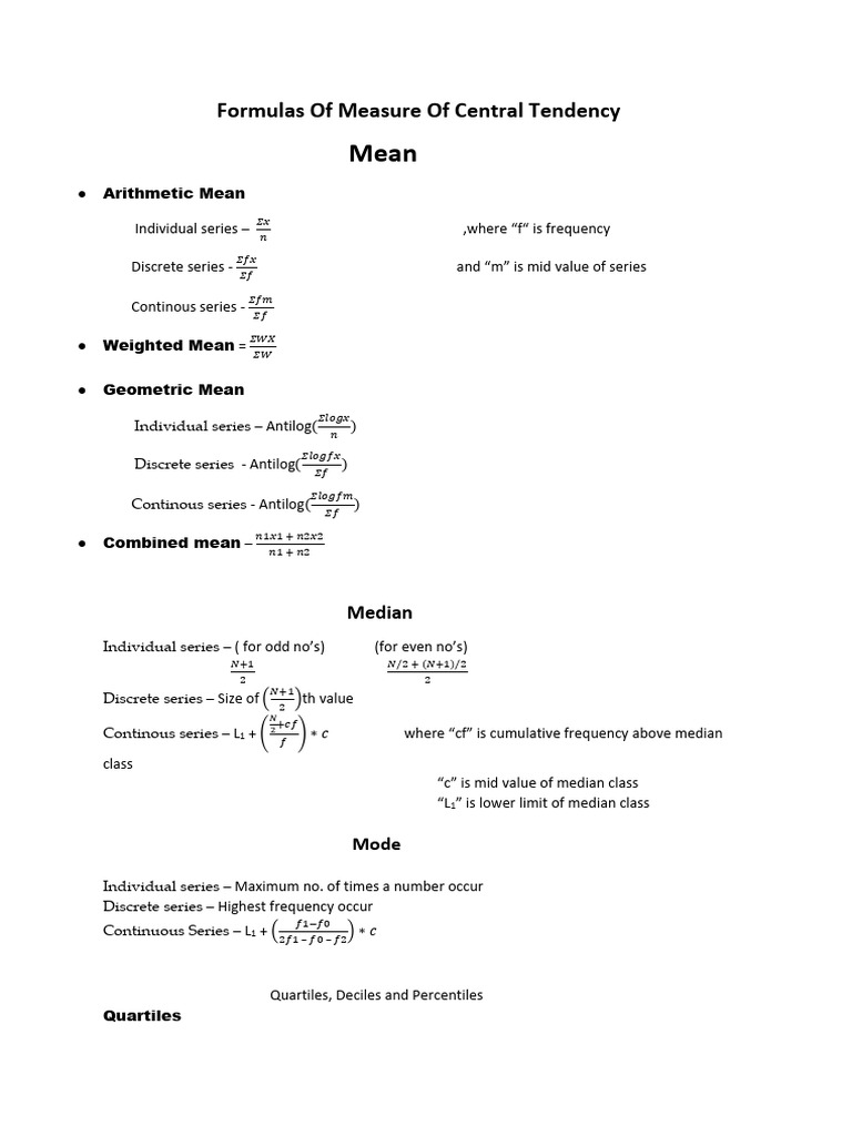 Formulas Of Measure Of Central Tendency | PDF | Mean | Skewness