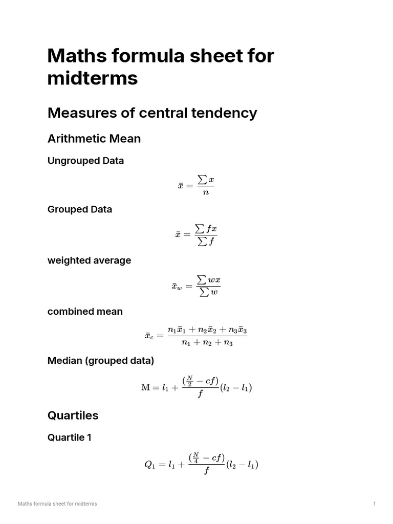 Mathsformulasheet Pdf Skewness Mean 2750