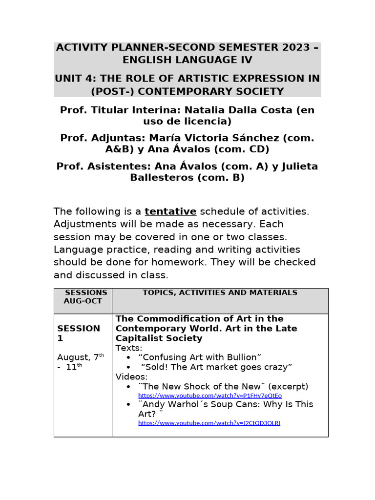 Art Class Planner 2023 | PDF | English Language | Syntax