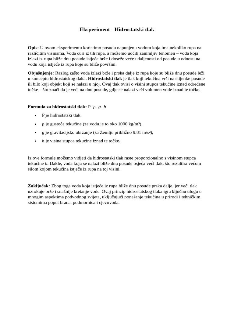 Eksperiment - Hidrostatski Tlak | PDF