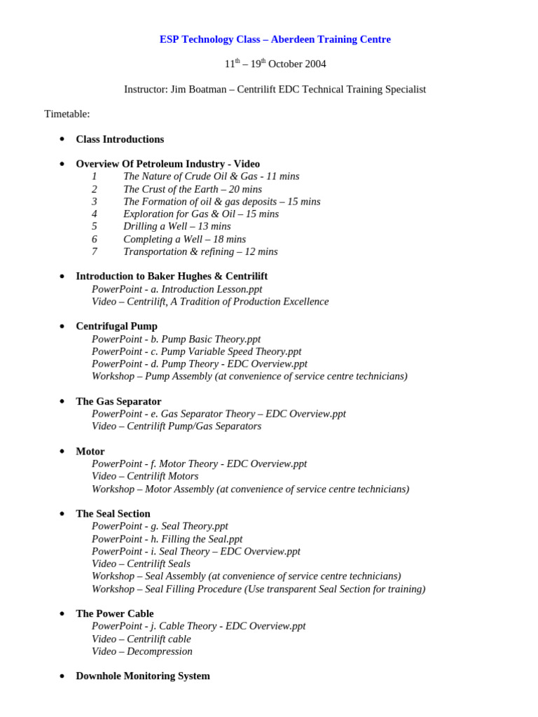 Z. ESP Technology Class - Timetable | PDF | Petroleum Industry | Petroleum