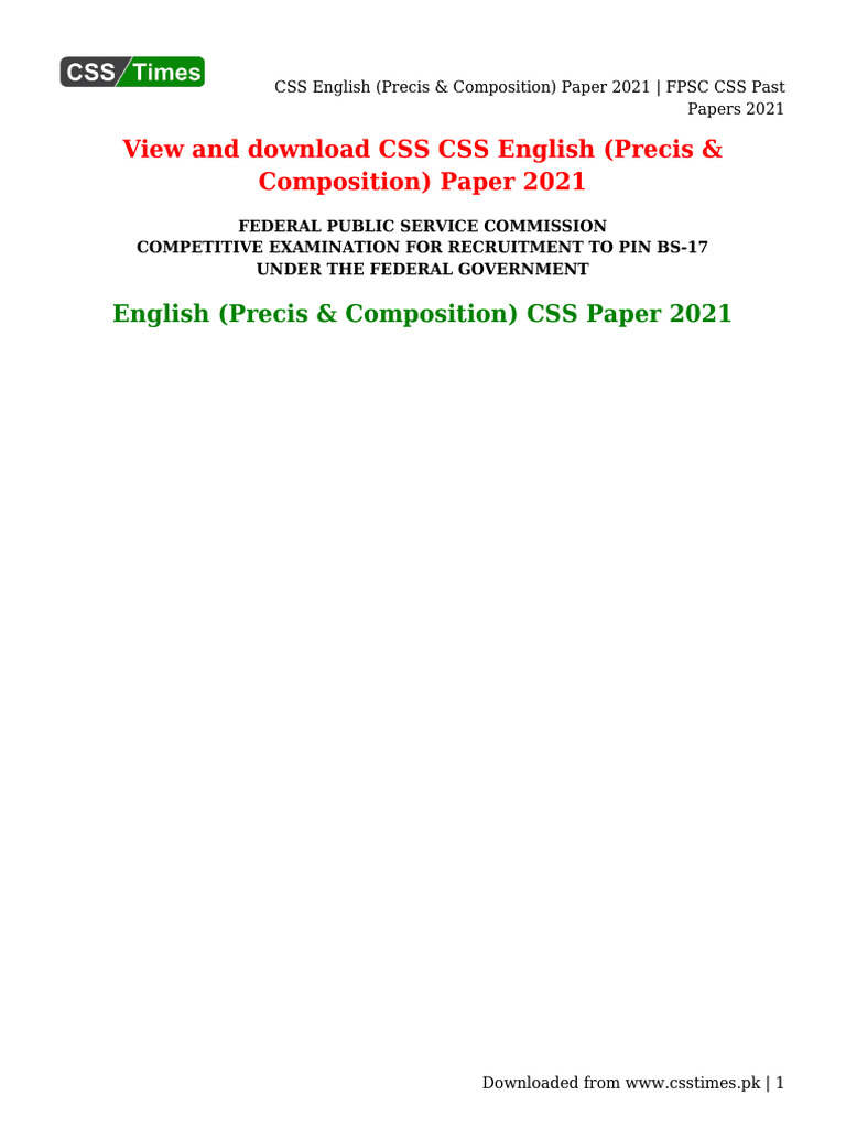 CSS English (Precis & Composition) Paper 2021 - FPSC CSS Past Papers 2021 | PDF