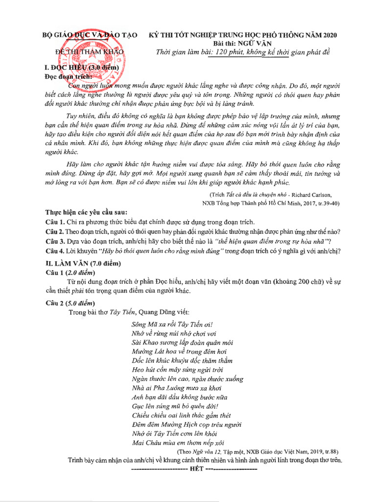 1.de Thi Tham Khao TN THPT 2020 Ngu Van | PDF