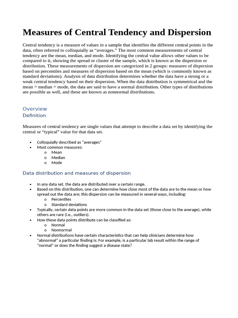 Central Tendency and Data Dispersion | PDF | Mean | Standard Deviation