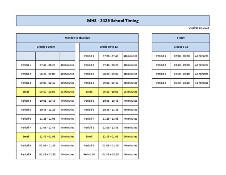 MHS Bell Schedule 2024-2025 | PDF