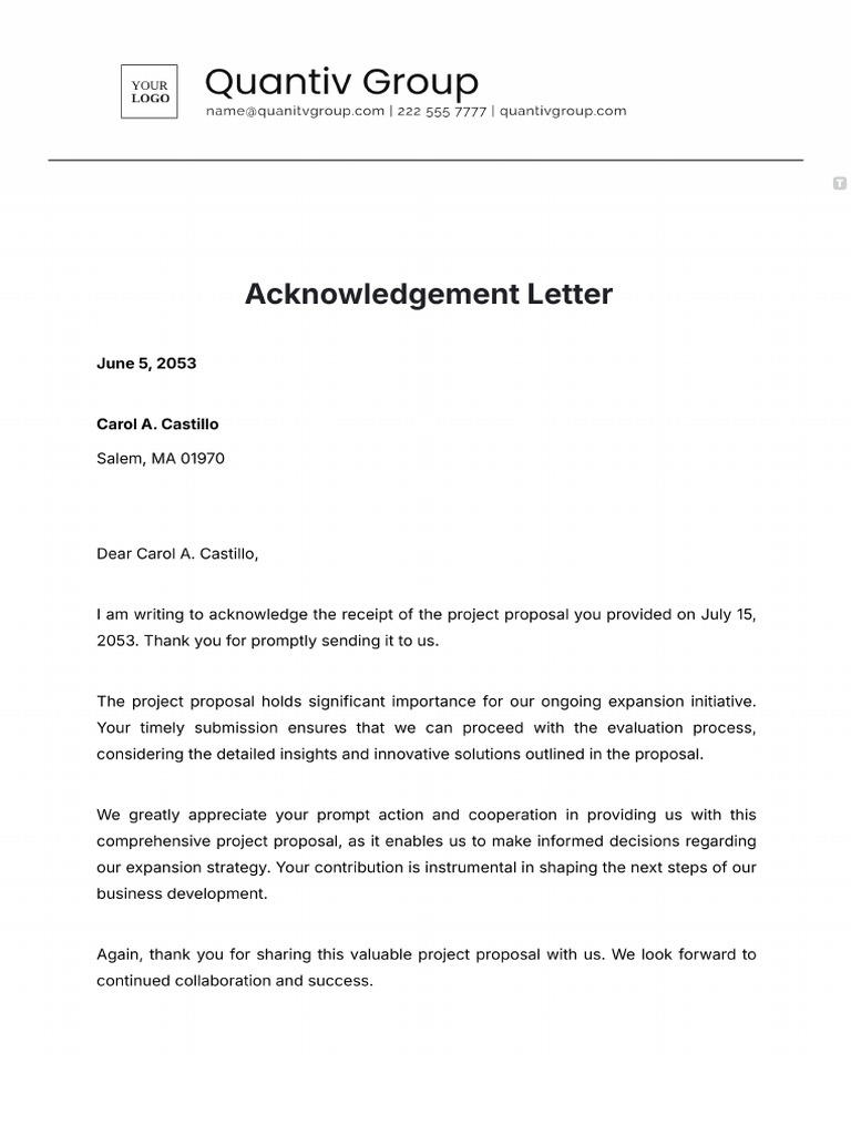 Free Acknowledgement Letter Template - Edit Online & Download | PDF