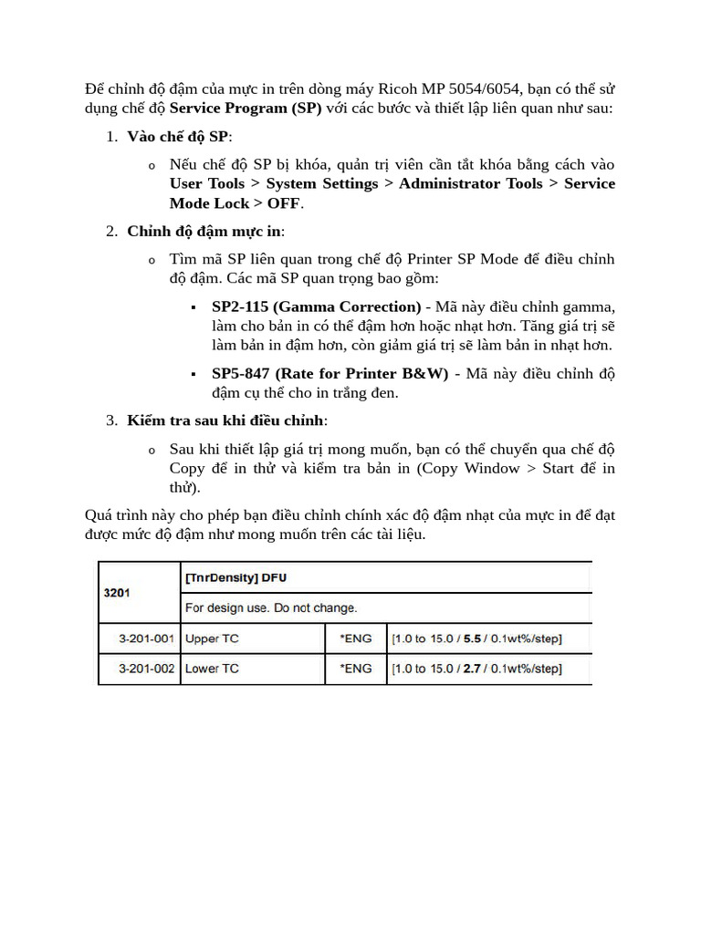 Để chỉnh độ đậm của mực in trên dòng máy Ricoh MP 5054 | PDF