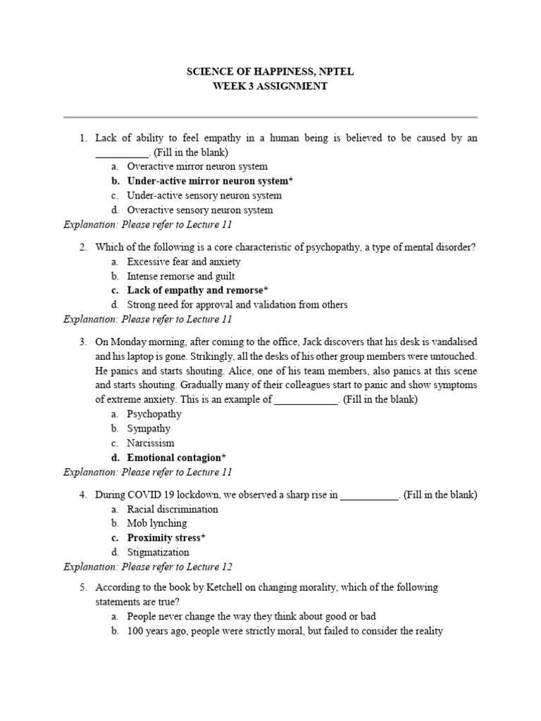 Jul-Oct 24 SoH NPTEL Week 3 Assignment | PDF | Empathy | Psychology