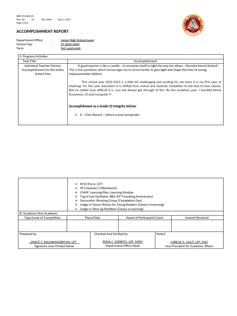 Accomplishment Report 2023 | PDF | Behavior Modification | Learning