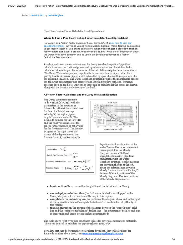 Pipe Flow Friction Factor Calculator | PDF | Applied And ...