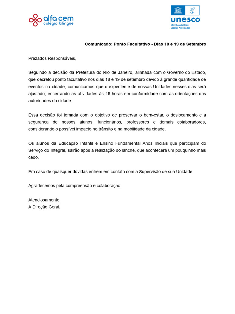 Comunicado Ponto Facultativo 18 e 19 de Setembro. | PDF