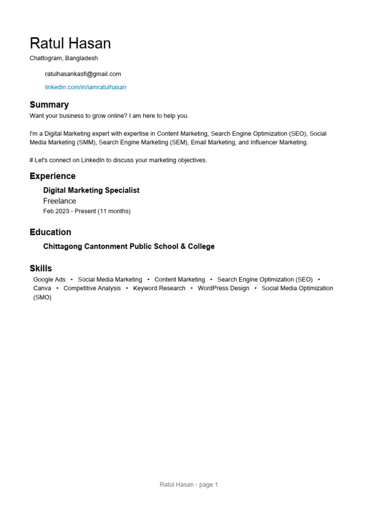 Resume Ratul Hasan | PDF