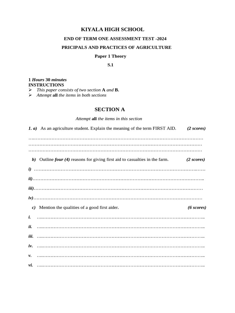 Kiyala High School S1 Agriculture 1 Past Paper 2024 | PDF | Science ...