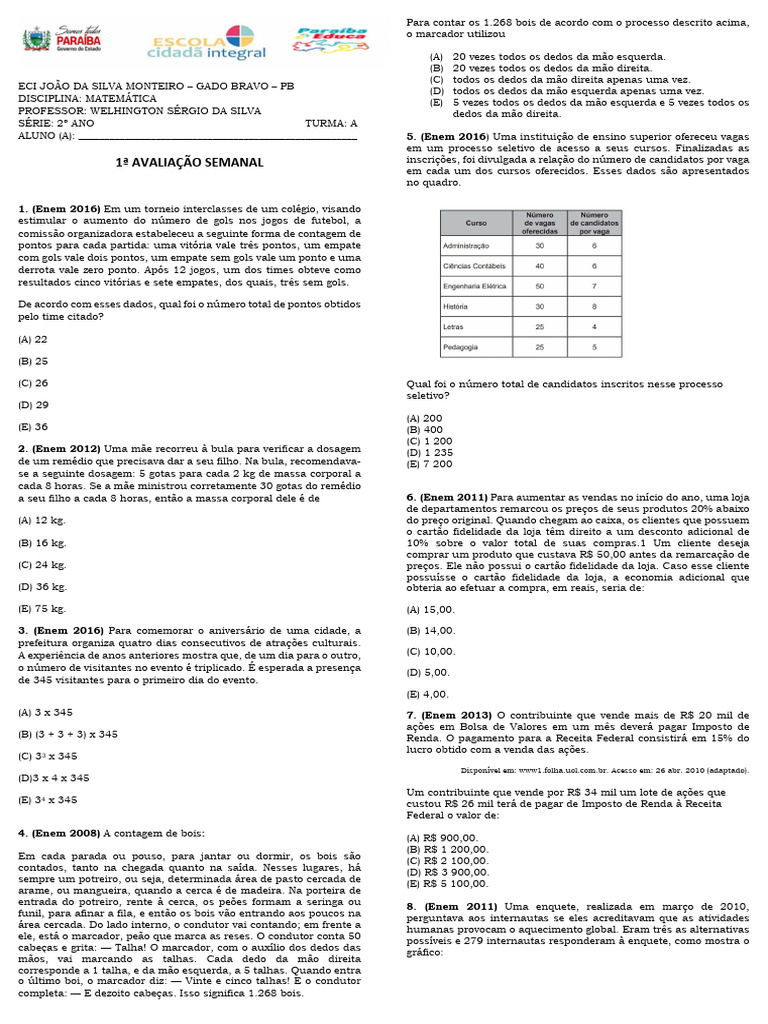 AVS 1 Bimestre Mat 3 Anos | PDF | Hipoglicemia | Hiperglicemia