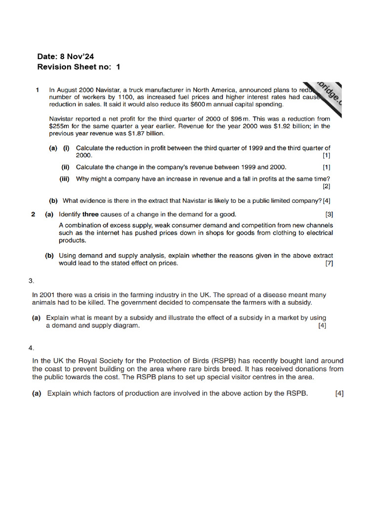 Revision Worksheet Econ Igcse 0445 | PDF