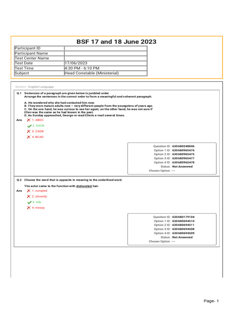 BSF Head Constable Ministerial Paper 17 Jun 2023 Shift 3 | PDF | Vedas ...
