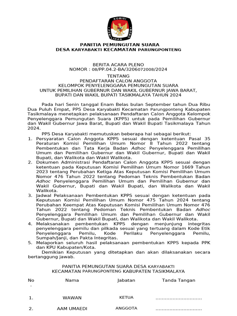 Pendaftaran Anggota KPPS 2024 Tasikmalaya | PDF