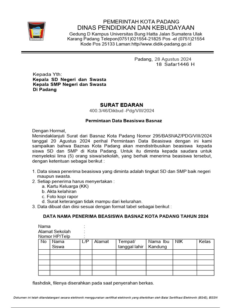 Surat Edaran Permintaan Data Beasiswa Basnaz | PDF