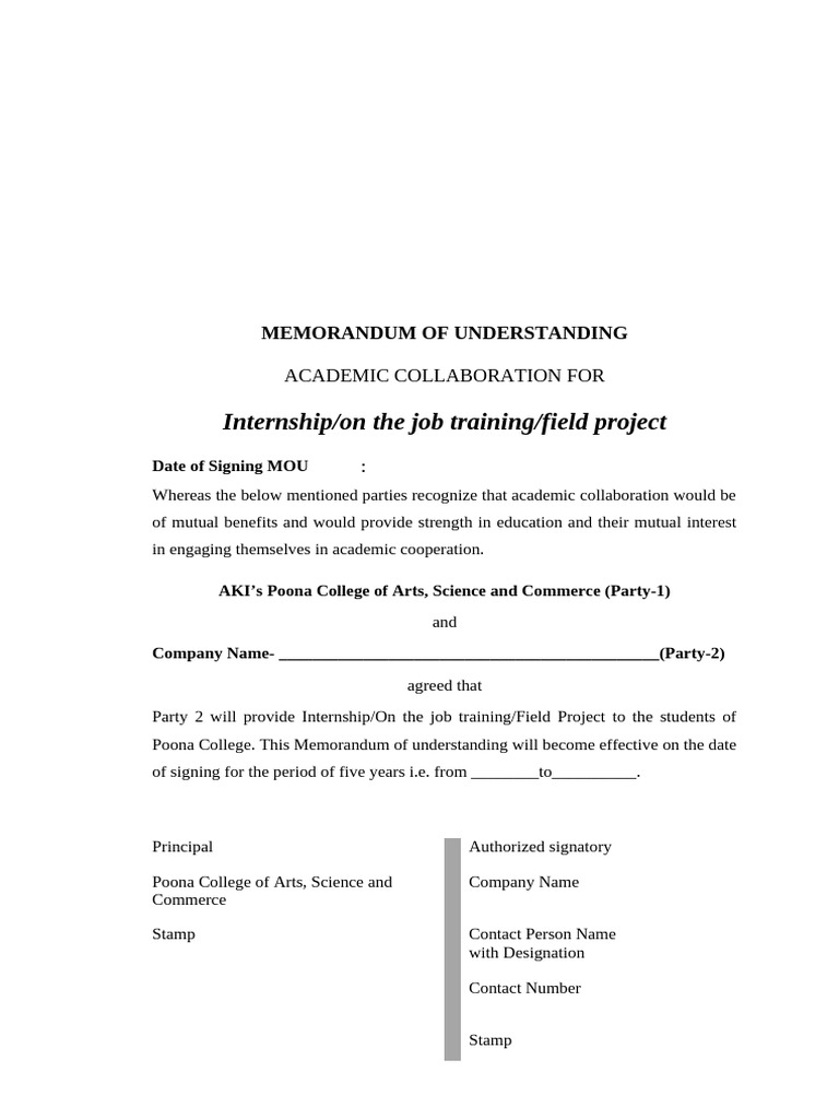 Mou Format Sample Internship | PDF