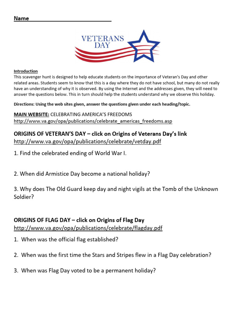 Veteran's Day Scavenger Hunt Guide | PDF | Pledge Of Allegiance | Flag ...