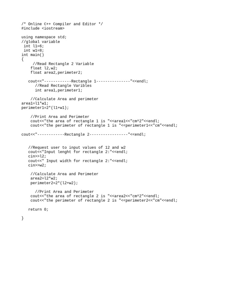 C++ Rectangle Area and Perimeter Calculator | PDF