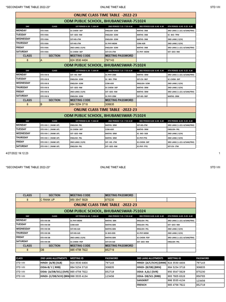 Class 8 Online Timetable 2022-23 | PDF