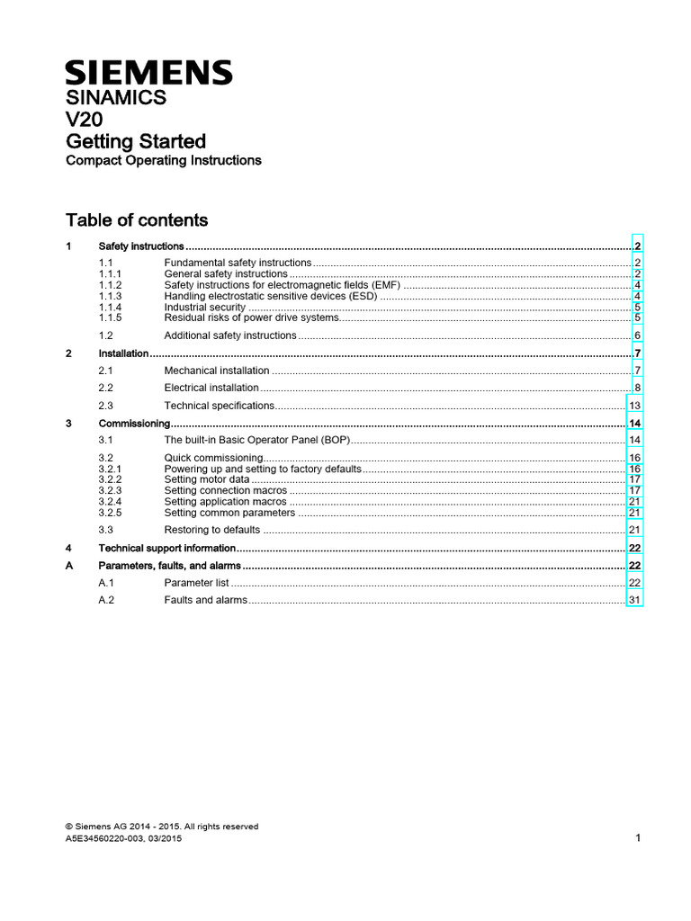 SINAMICS V20 Getting Started 032015 en-US | PDF | Electrostatic Discharge | Electrical Connector