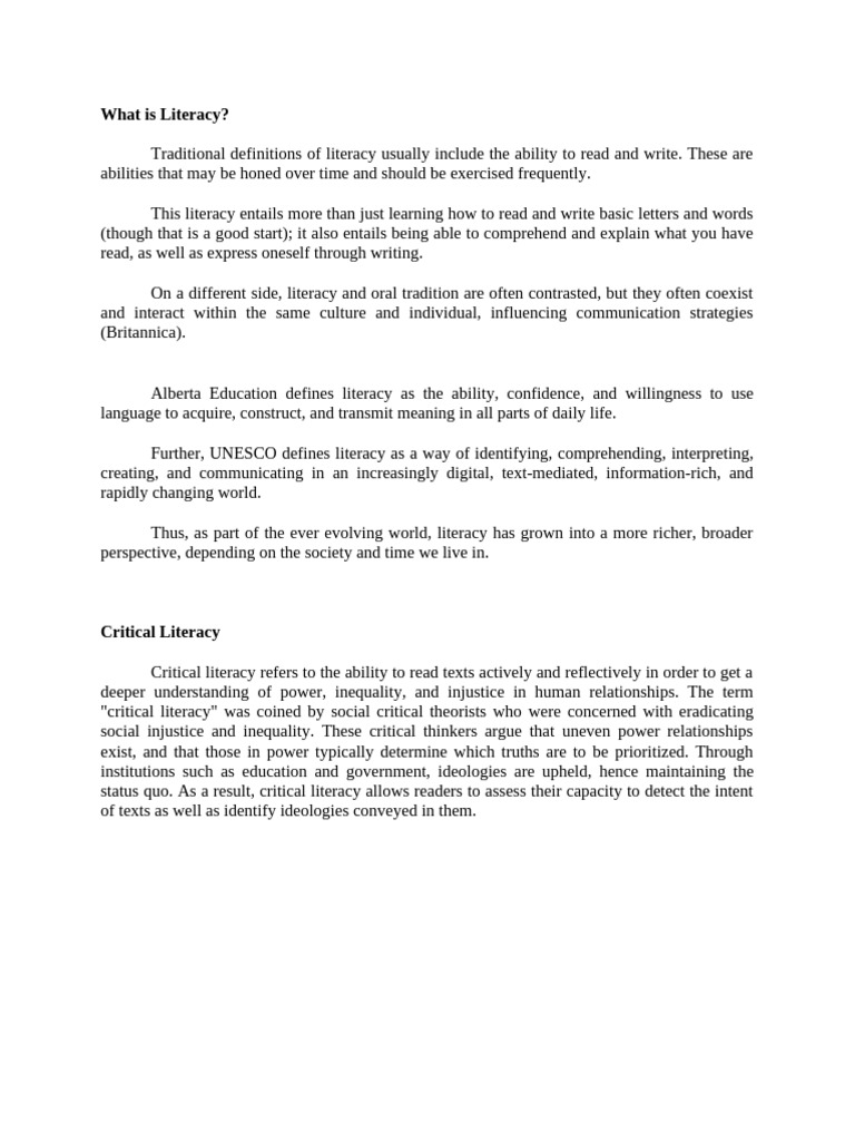 Understanding Literacy and Critical Literacy | PDF | Social Science ...