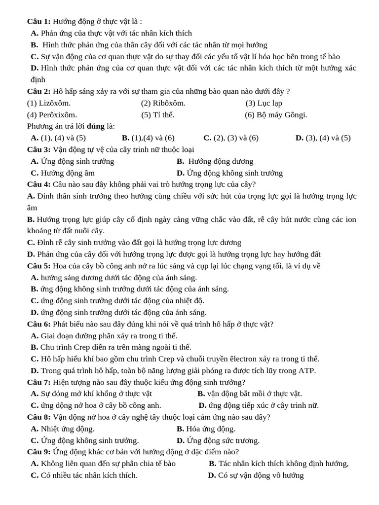 Đề Cương Ôn Tập KTTX Sinh11 - Hkii - Lần 1 | PDF