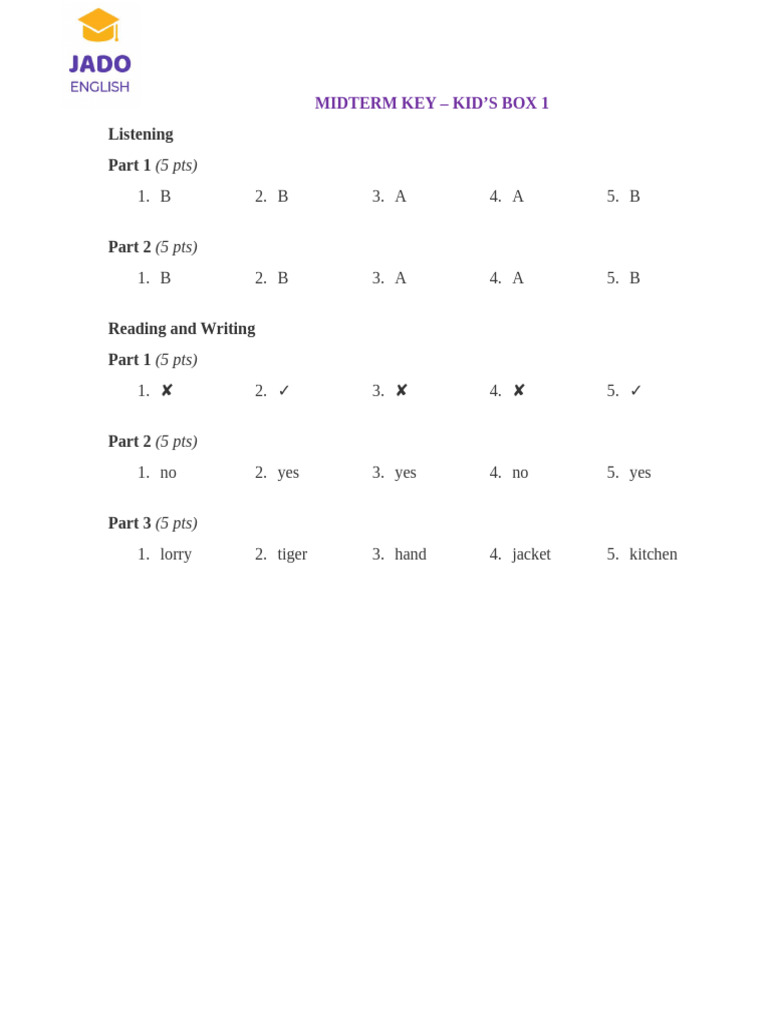 (JADO EDU) - Final Key - Kid's Box 1 | PDF