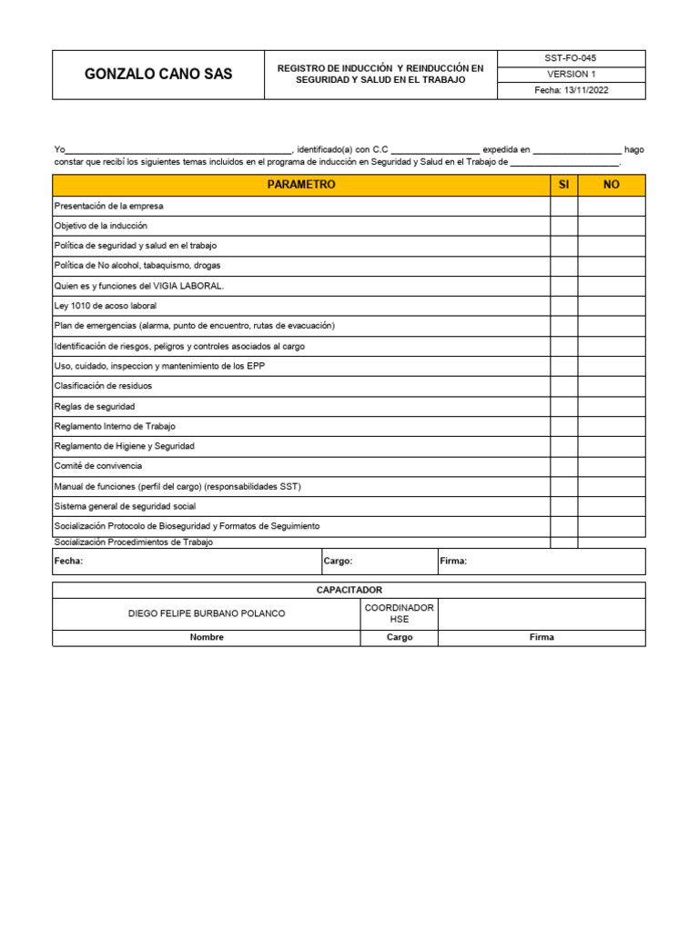 SST-FO-045. REGISTRO DE INDUCCION V2 | PDF SST-FO-045. REGISTRO DE INDUCCION V2 | PDF