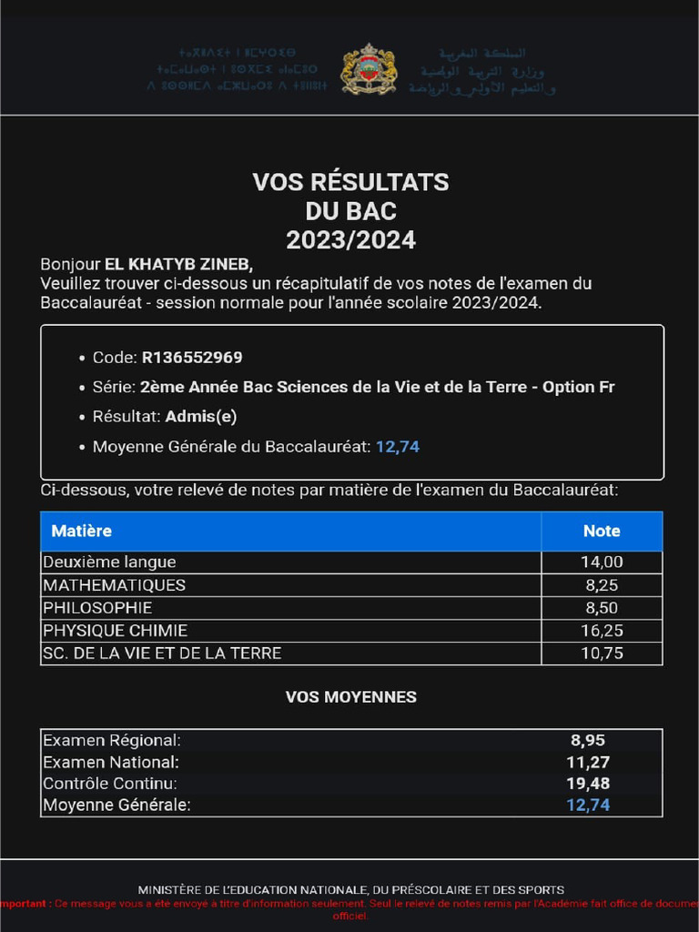 Relevé Des Notes de L'examen National Du Bac | PDF