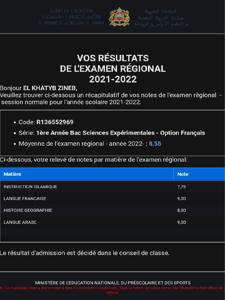 Relevé Des Notes de L'examen Régional Du Bac | PDF